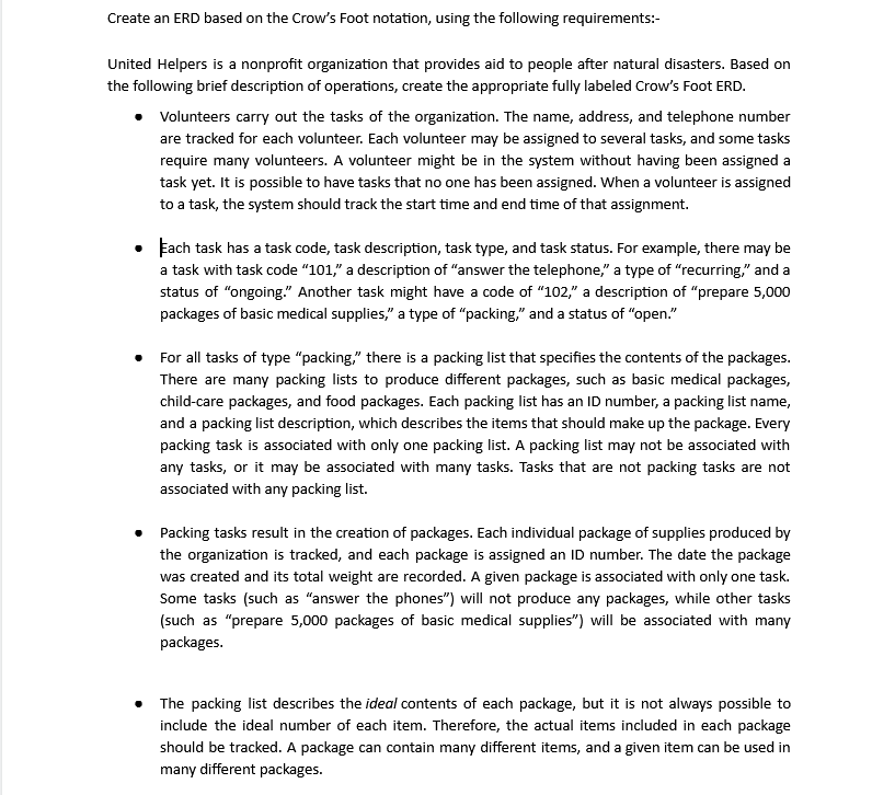Solved Create an ERD based on the Crow's Foot notation, | Chegg.com