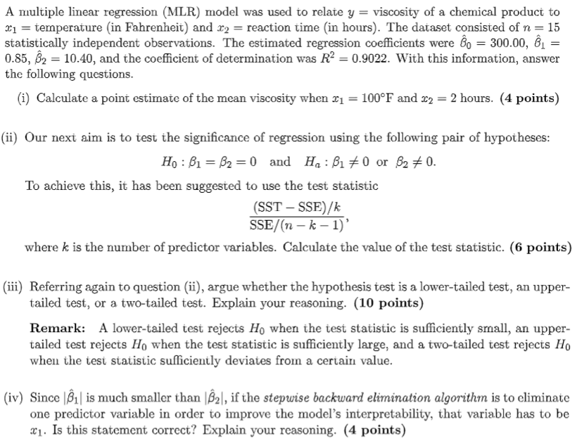 Solved A multiple linear regression (MLR) ﻿model was used to | Chegg.com