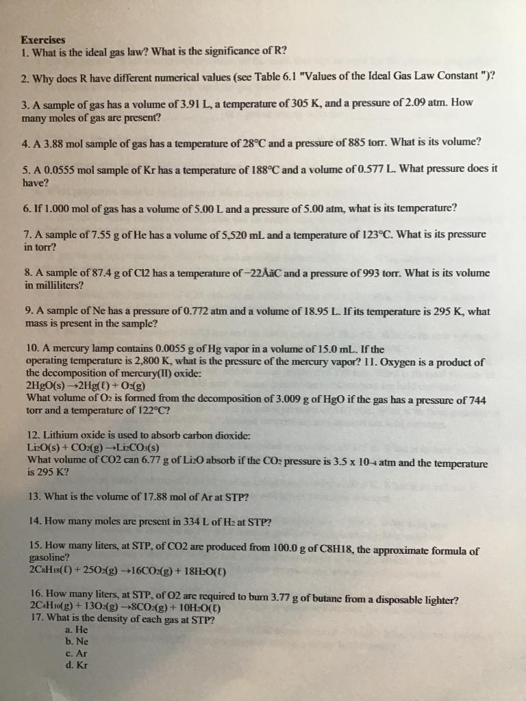 Solved Exercises 1. What is the ideal gas law? What is the | Chegg.com