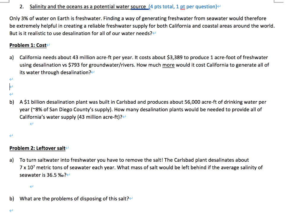 Solved 2. Salinity and the oceans as a potential water | Chegg.com