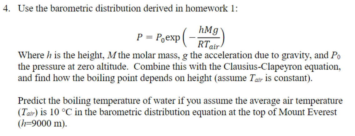 Solved 4. Use the barometric distribution derived in | Chegg.com