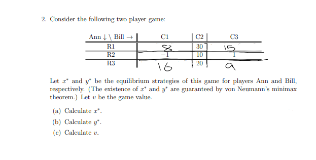 Solved 2. Consider the following two player game: Let x∗ and | Chegg.com