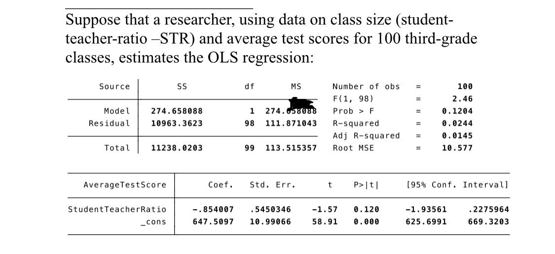 Suppose that a researcher, using data on class size | Chegg.com