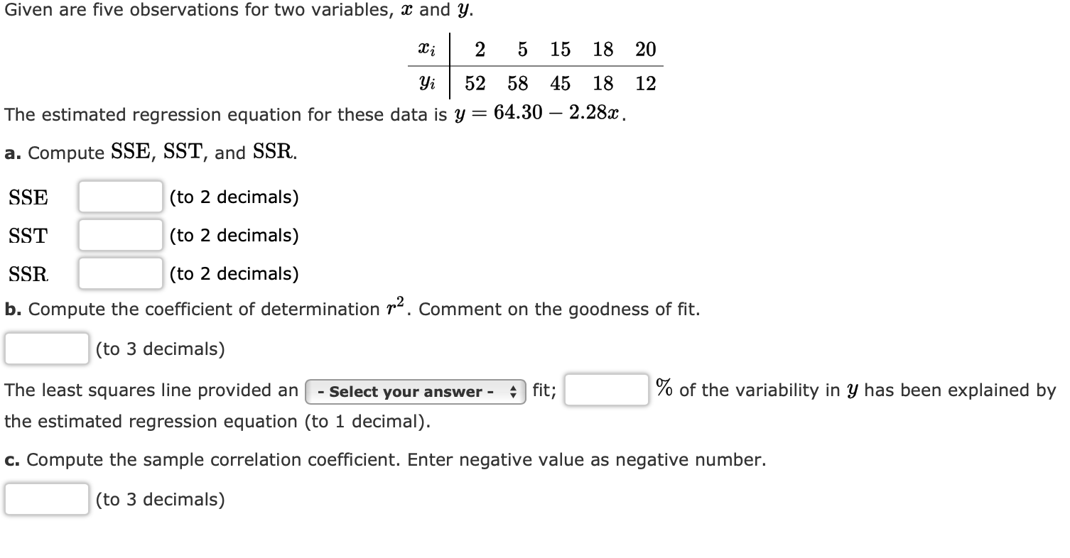 Solved Given are five observations for two variables, x and | Chegg.com