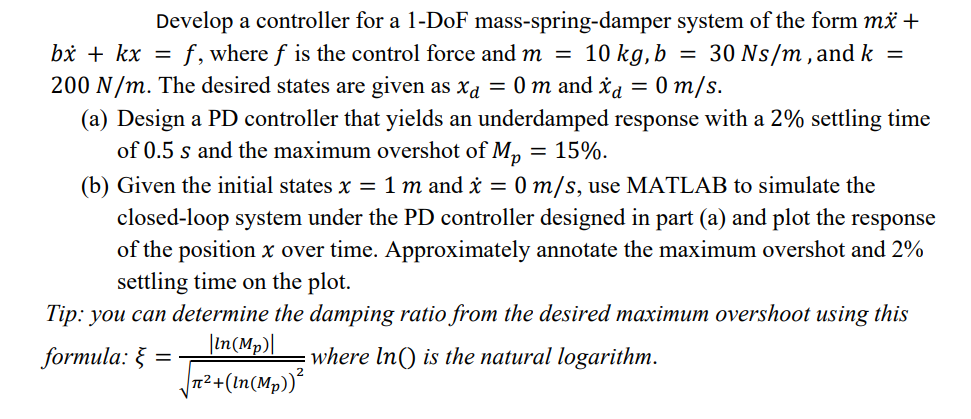 Solved Develop a controller for a 1-DoF mass-spring-damper | Chegg.com