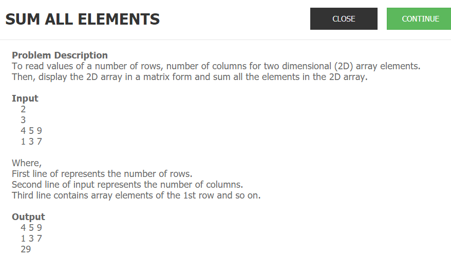 Solved SUM ALL ELEMENTS CLOSE CONTINUE Problem Description | Chegg.com