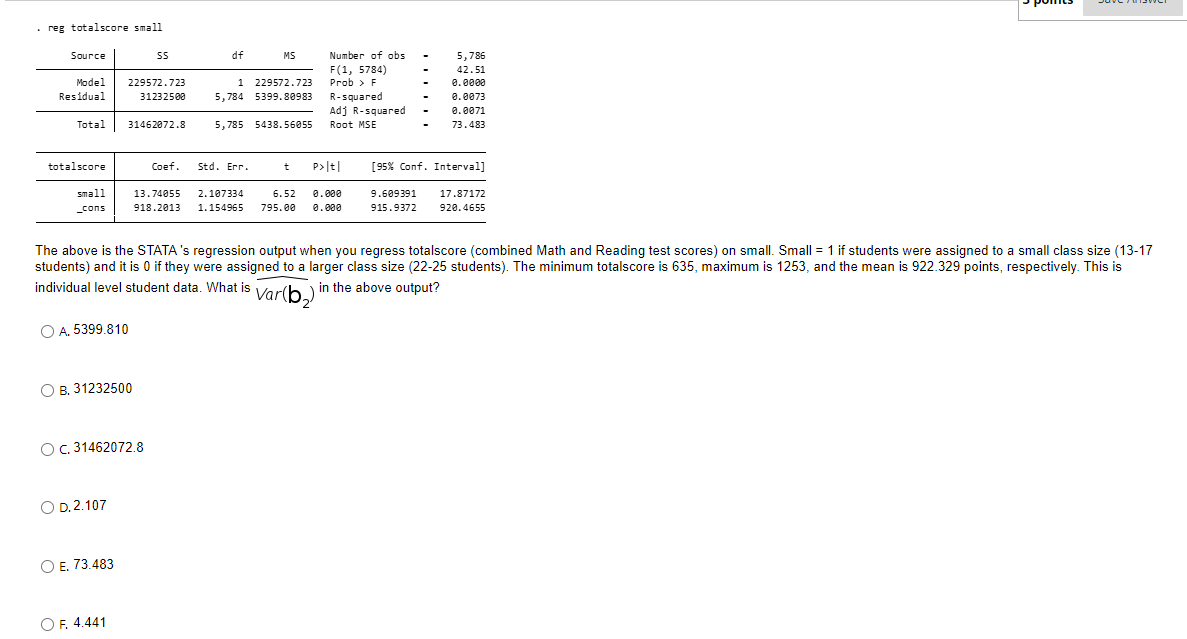 Solved • reg totalscore small Source SS df MS Model Residual | Chegg.com
