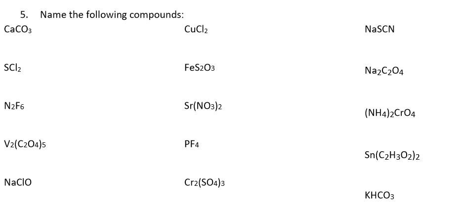 Solved 5. Name the following compounds: CaCO3 CuCl2 NaSCN | Chegg.com