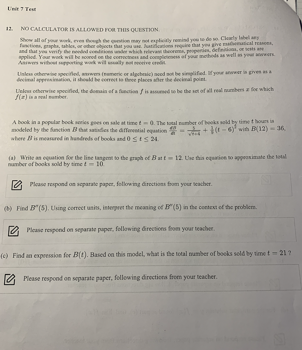 Solved Unit 7 Test 12. NO CALCULATOR IS ALLOWED FOR THIS | Chegg.com