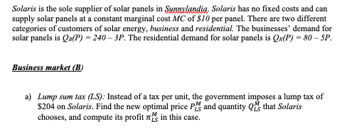 Solved Solaris is the sole supplier of solar panels in | Chegg.com