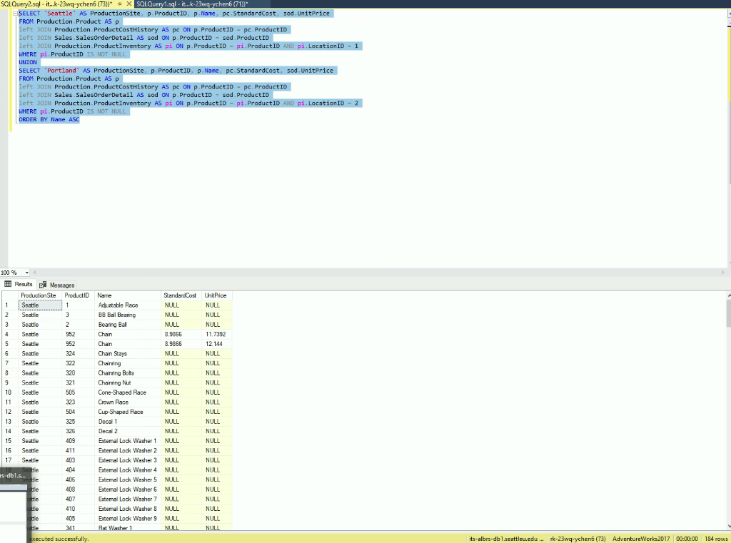 Solved SELECT 'Seattle' AS ProductionSite, p.ProductID, | Chegg.com
