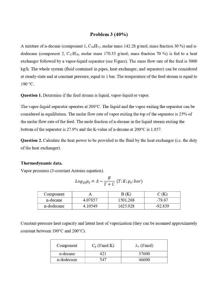 Solved Problem 3 (40%) A mixture of n-decane (component 1, | Chegg.com