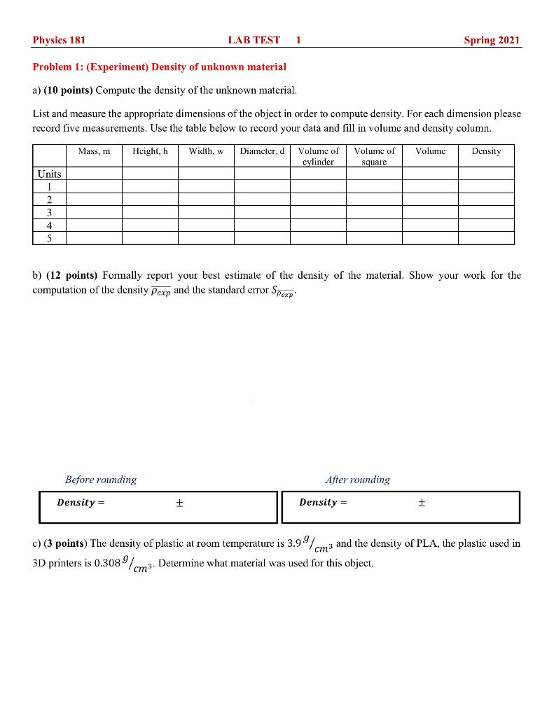 Physics 181 LAB TEST 1 Spring 2021 Problem 1: | Chegg.com