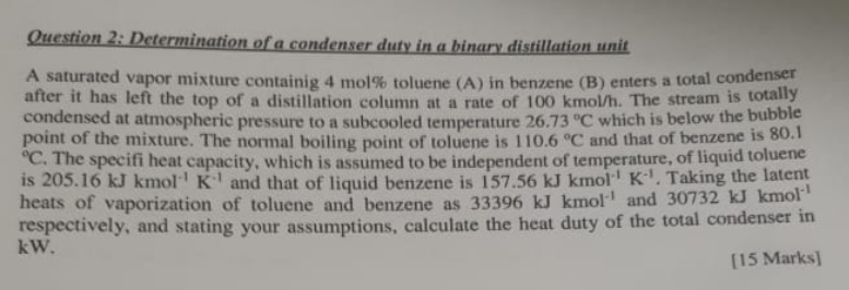 Solved Question 2: Determination of a condenser duty in a | Chegg.com