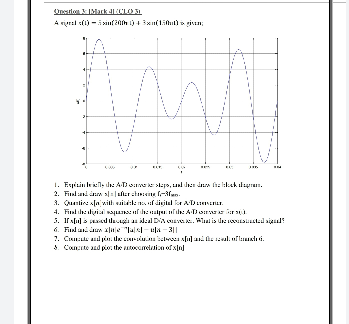 A signal x(t)=5sin(200πt)+3sin(150πt) is given; 1. | Chegg.com