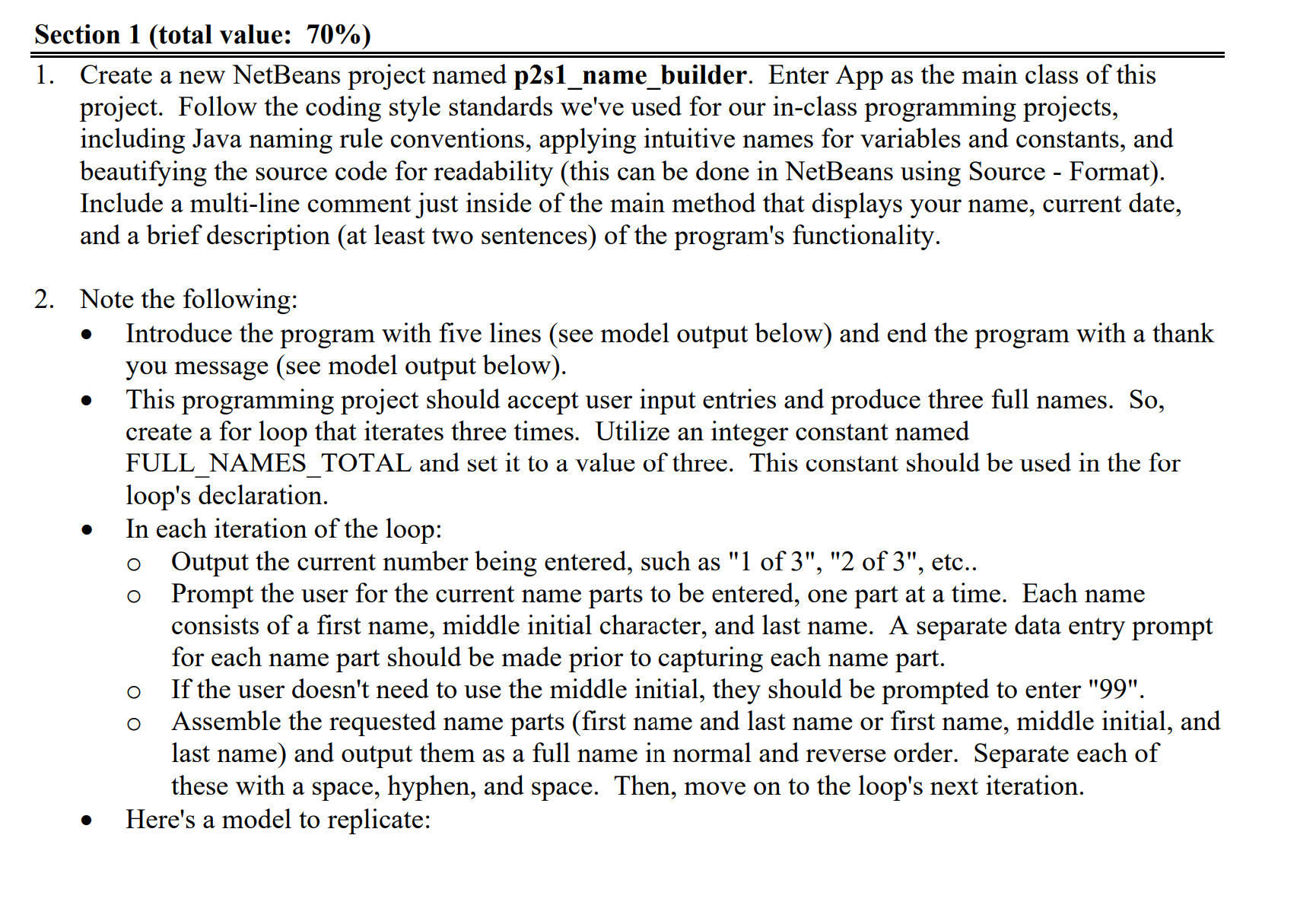 Solved Section 1 (total value: 70% )Create a new NetBeans | Chegg.com