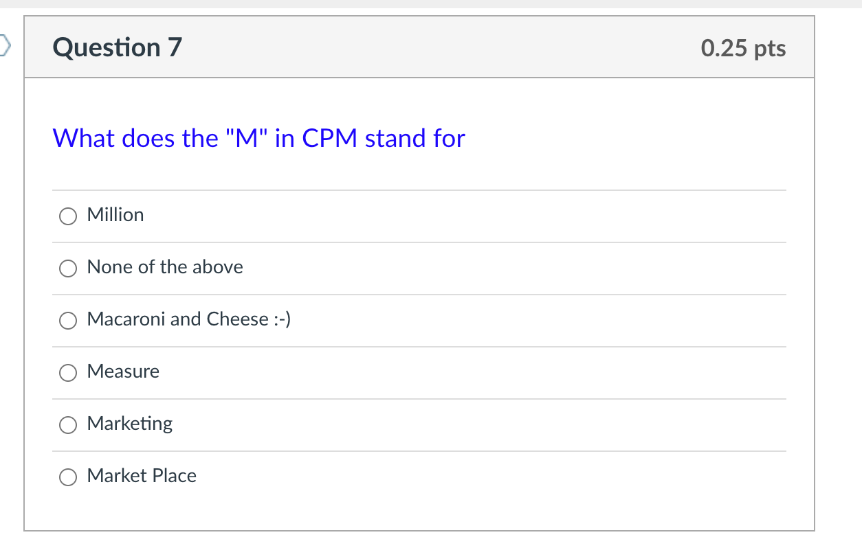 Solved Question 7 0.25 pts What does the "M" in CPM stand | Chegg.com