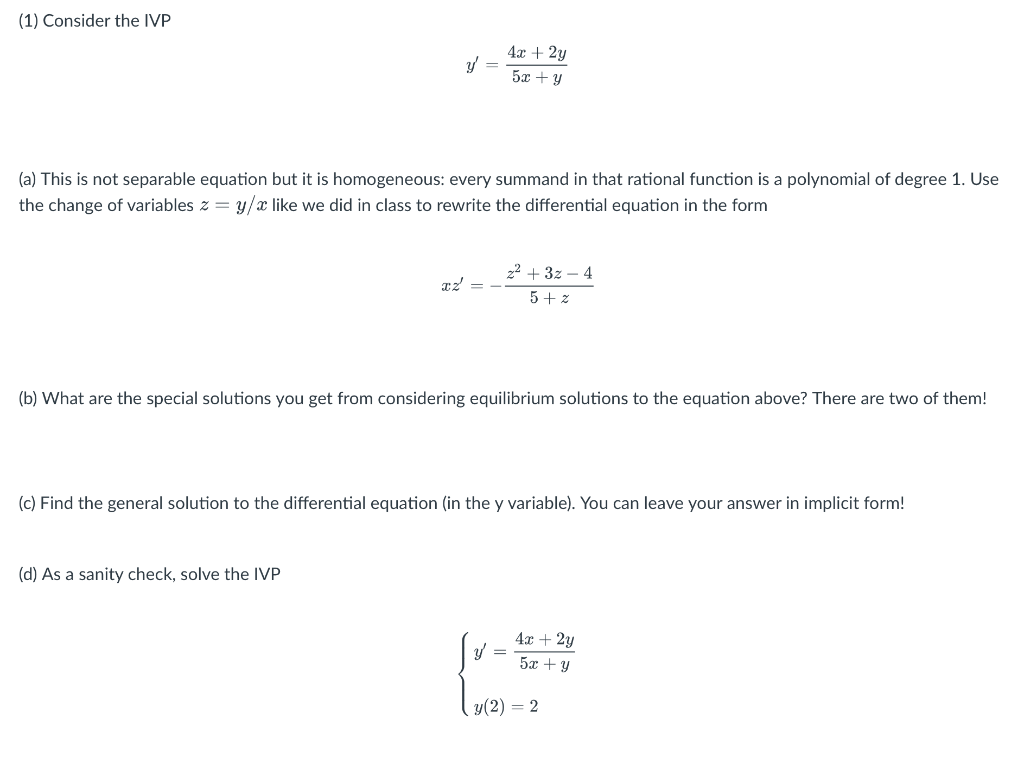 Solved (1) Consider the IVP y (a) This is not separable | Chegg.com