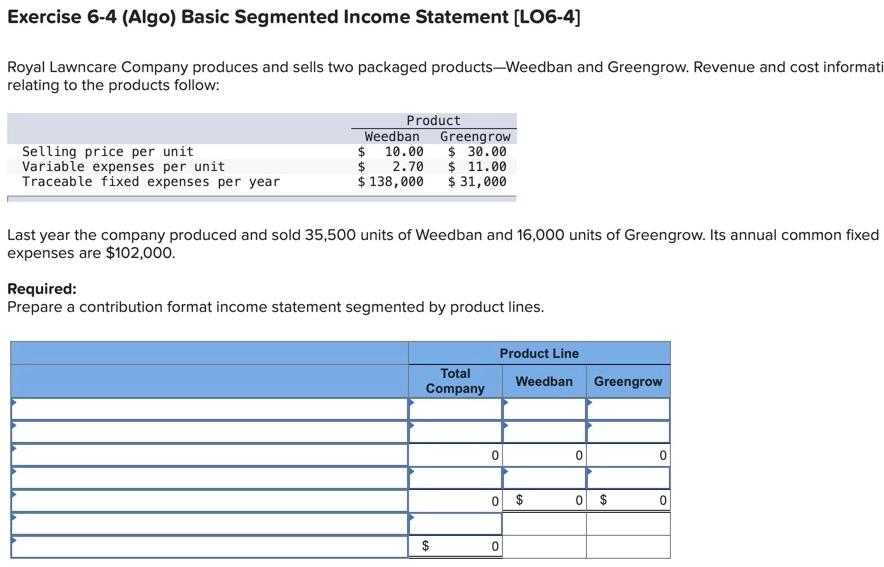 Solved Exercise 6-4 (Algo) Basic Segmented Income Statement | Chegg.com