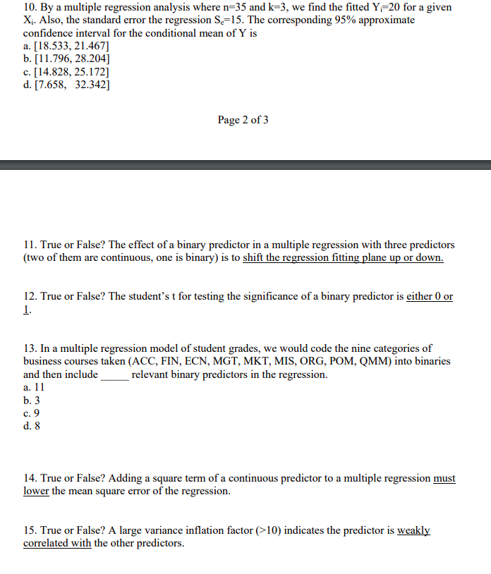 Solved 1. A fitted multiple regression equation is Y-12 + | Chegg.com