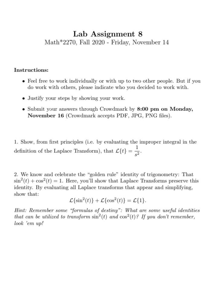 Solved Lab Assignment 8 Math*2270, Fall 2020 - Friday, | Chegg.com