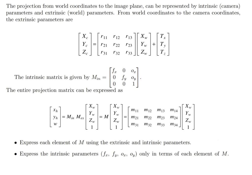 The projection from world coordinates to the image | Chegg.com