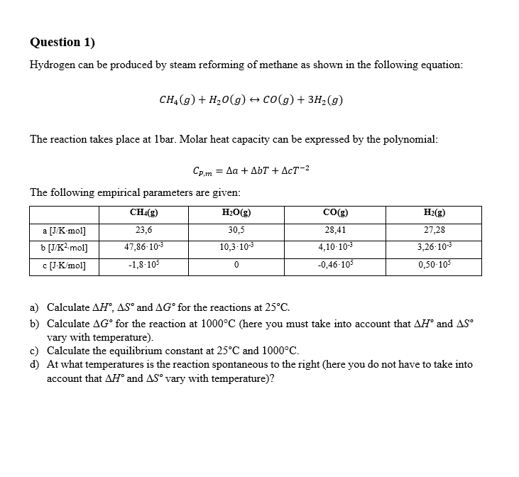 Solved Question 1) Hydrogen can be produced by steam | Chegg.com