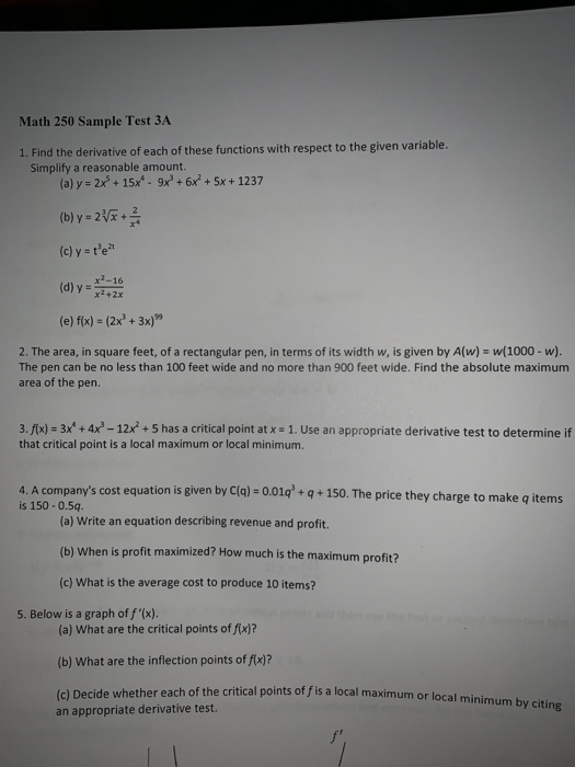 Solved Math 250 Sample Test 3A 1. Find the derivative of | Chegg.com