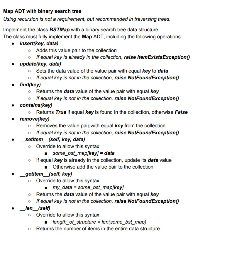 Map ADT with binary search tree Using recursion is | Chegg.com
