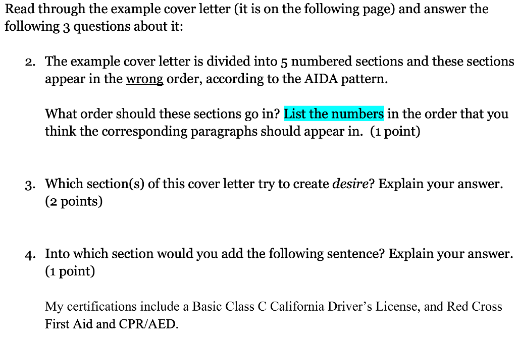 Solved Read through the example cover letter (it is on the | Chegg.com
