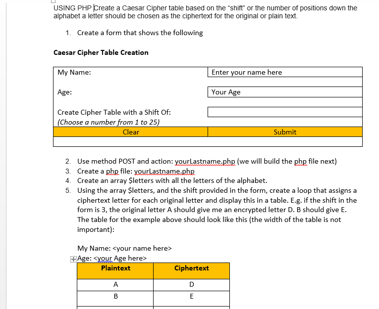 USING PHP Kreate a Caesar Cipher table based on the | Chegg.com
