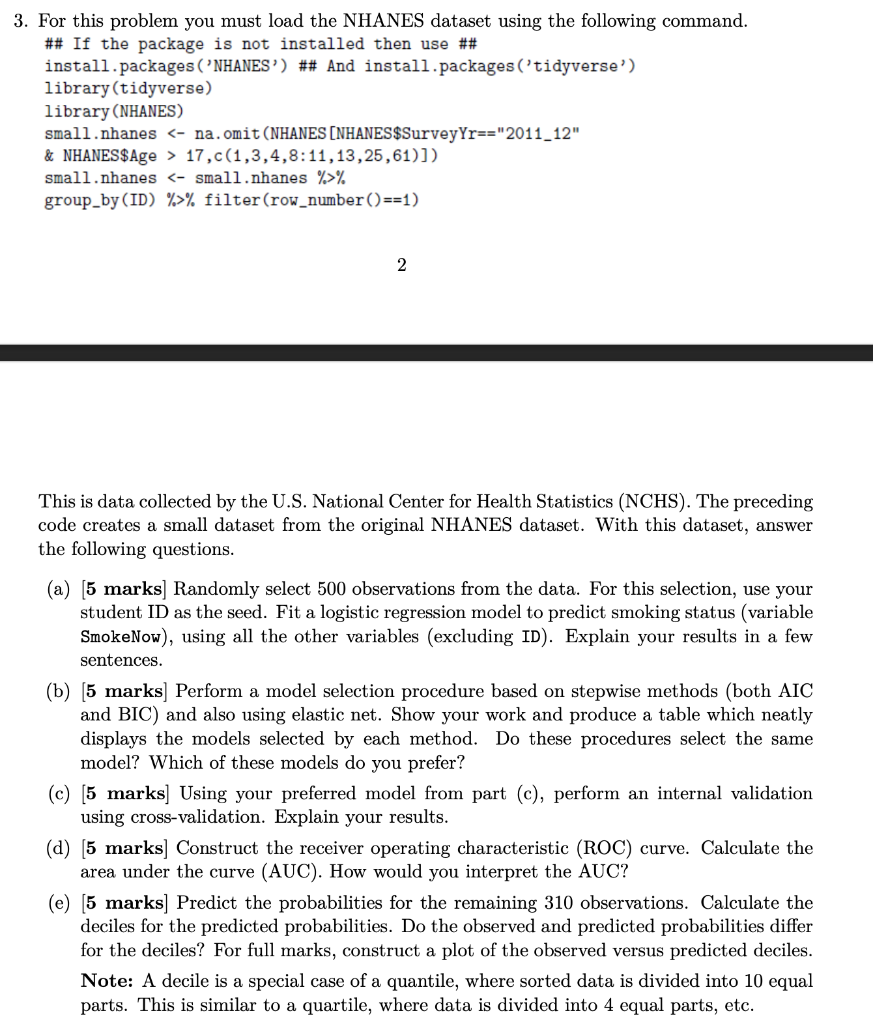 Solved 3. For this problem you must load the NHANES dataset | Chegg.com