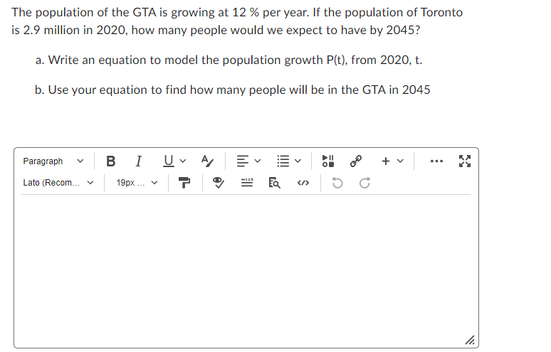 Solved The population of the GTA is growing at 12% per year. | Chegg.com