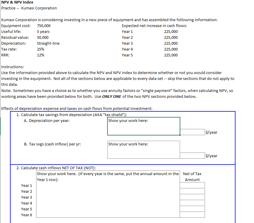 Solved NPV \& NPV Index Practice - Kumasi Corporation Kumasi | Chegg.com