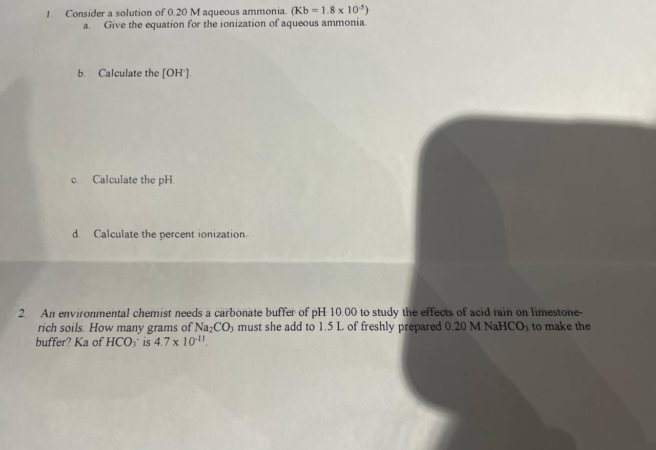 Solved 1. Consider a solution of 0.20M aqueous ammonia. | Chegg.com
