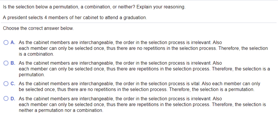 Solved Is the selection below a permutation, a combination, | Chegg.com