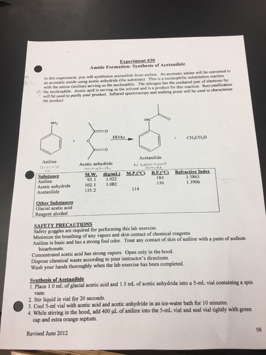 Solved In this experiment, you will synthesize acetanilide | Chegg.com