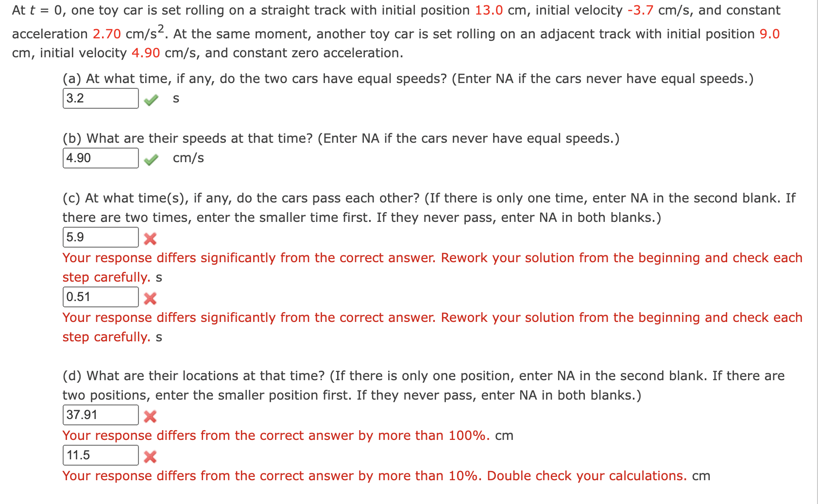 Solved t=0, one toy car is set rolling on a straight track | Chegg.com