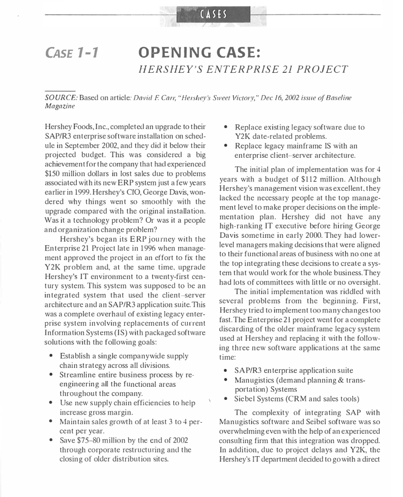 Solved CASES OPENING CASE: HERSHEY'S ENTERPRISE 21 PROJECT | Chegg.com