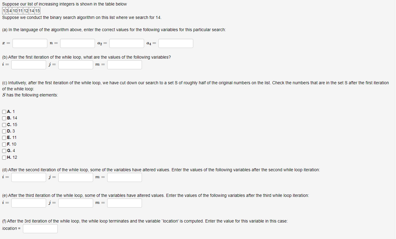 Solved procedure binary search ( x : integer, a1,a2,…,an : | Chegg.com