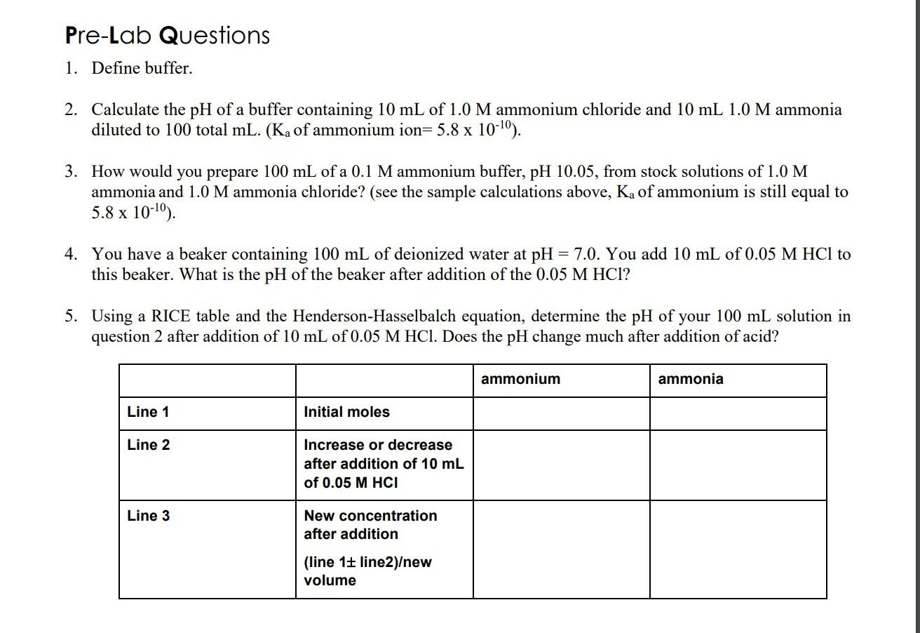 Solved Pre-Lab Questions 1. Define buffer. 2. Calculate the | Chegg.com