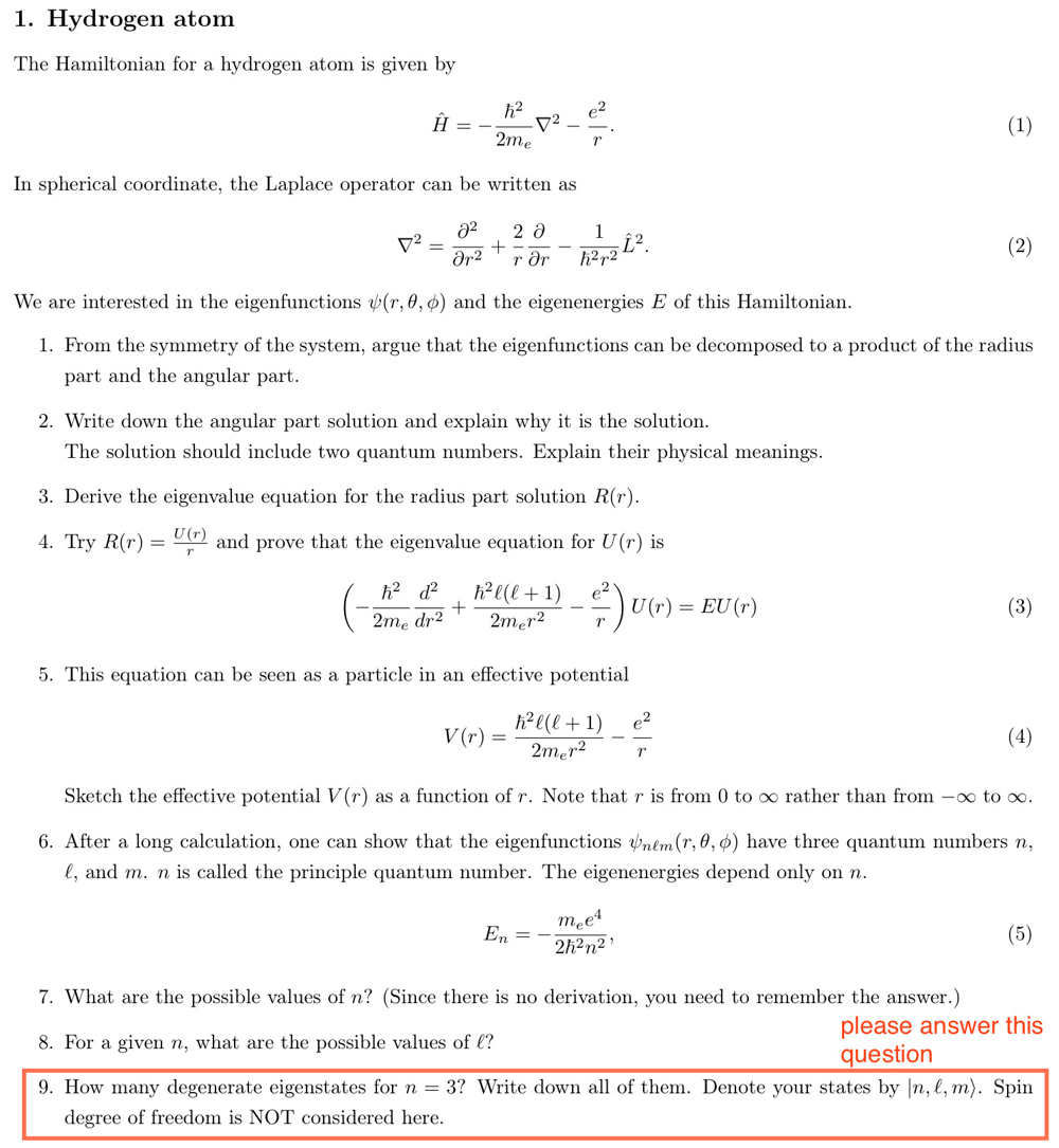Solved 1. Hydrogen atom The Hamiltonian for a hydrogen atom | Chegg.com