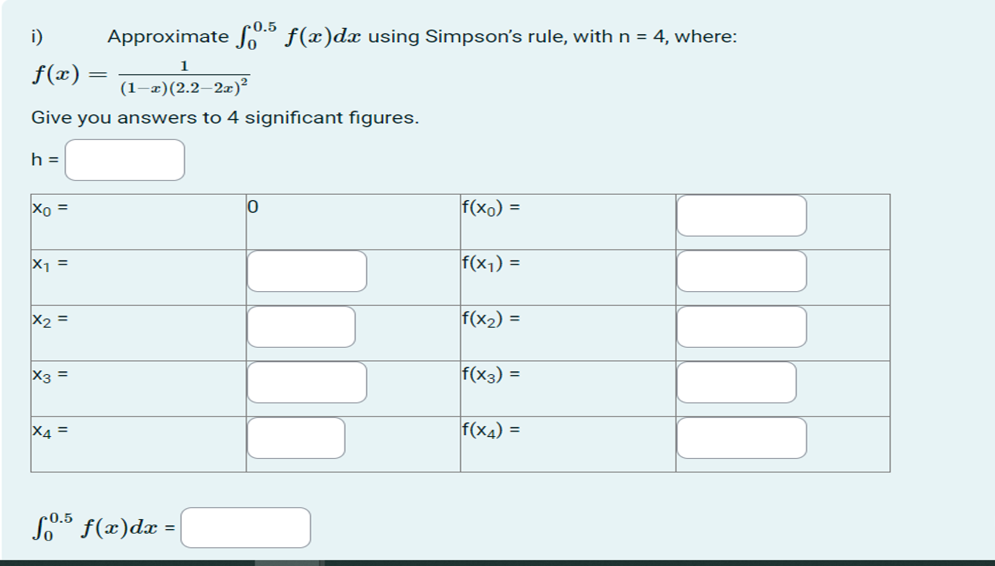Solved i) Approximate ∫00.5f(x)dx using Simpson's rule, with | Chegg.com