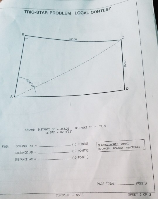 Solved TRIG-STAR PROBLEM LOCAL CONTE 363,36 KNOWN: DISTANCE | Chegg.com