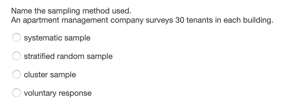 Solved Name the sampling method used. An apartment | Chegg.com