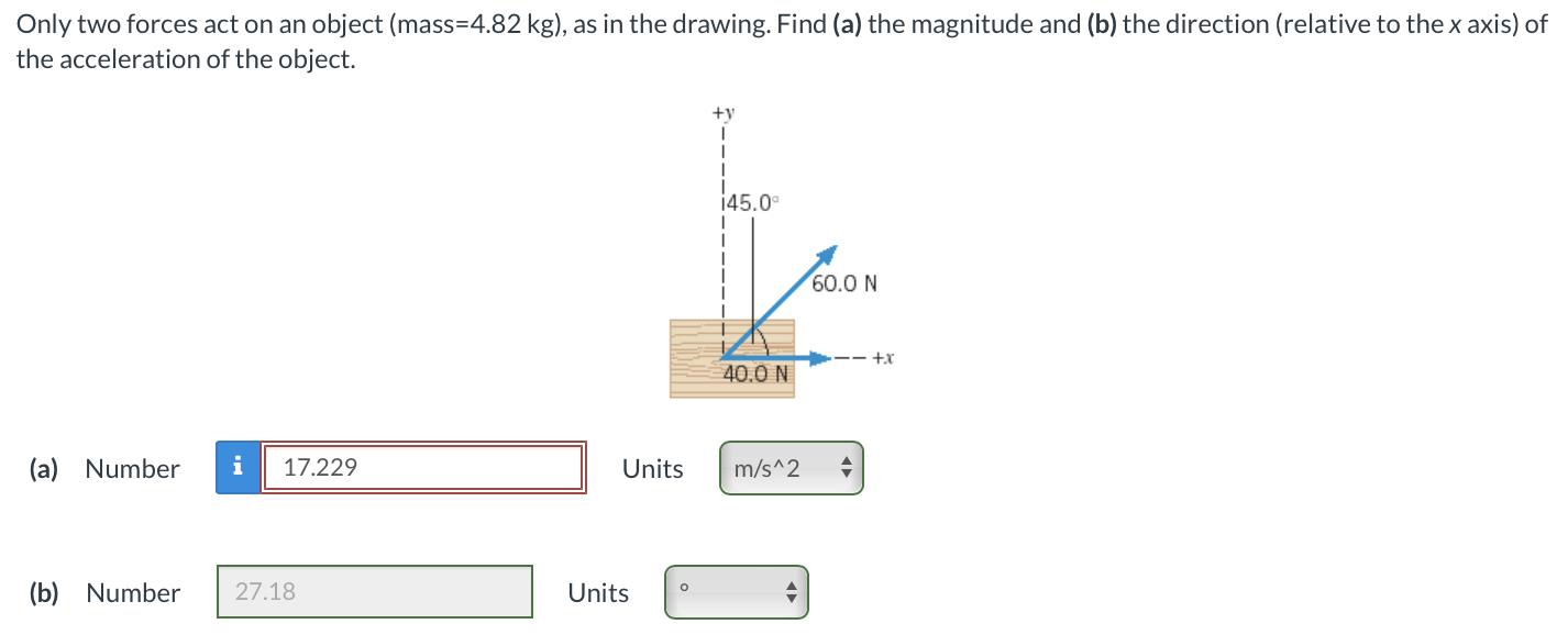 Solved Only two forces act on an object (mass =4.82 kg ), as | Chegg.com