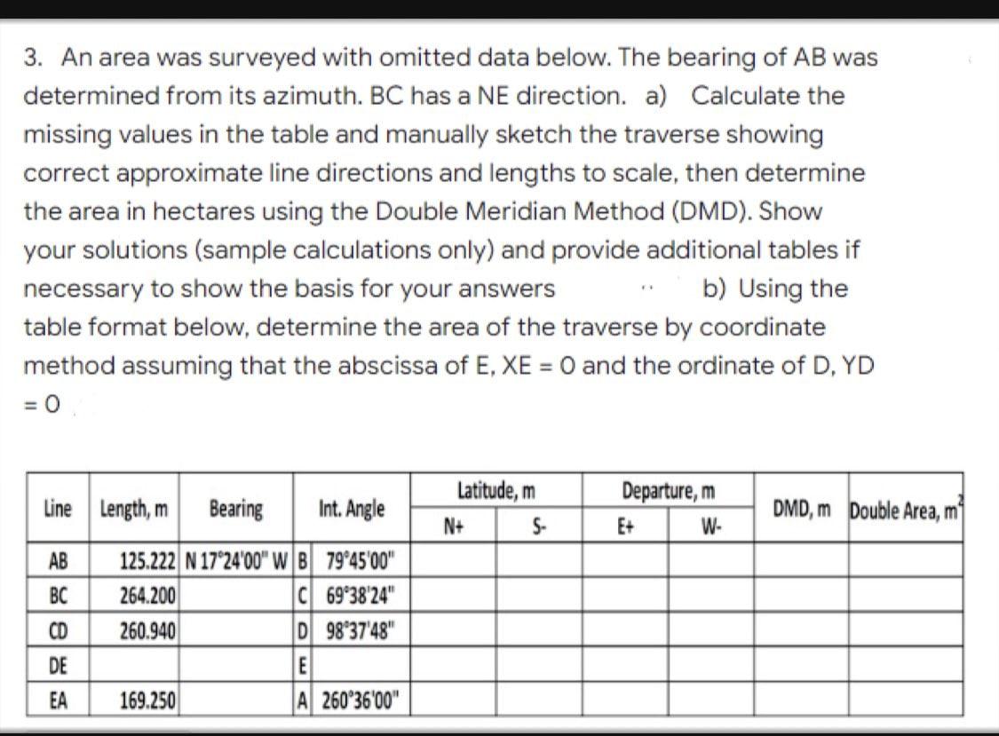 Solved 3. An area was surveyed with omitted data below. The | Chegg.com