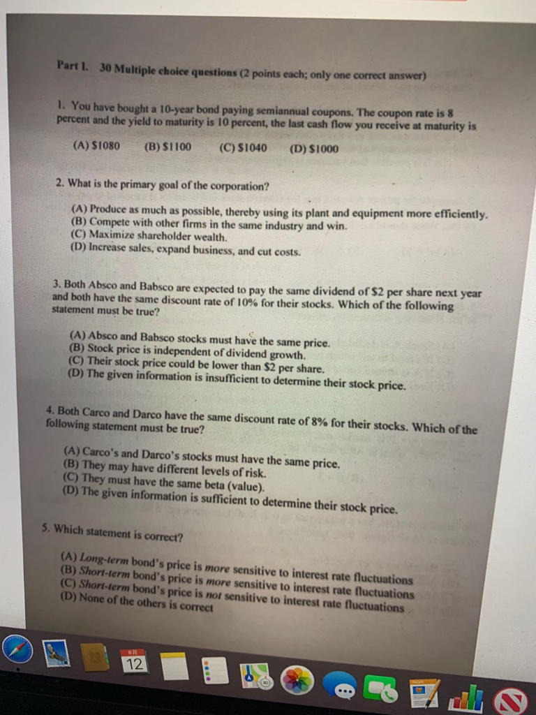 Solved Part I. 30 Multiple choice questions (2 points each; | Chegg.com