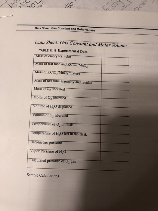 Data Sheet: Gas Constant and Molar Volume Data Sheet: | Chegg.com