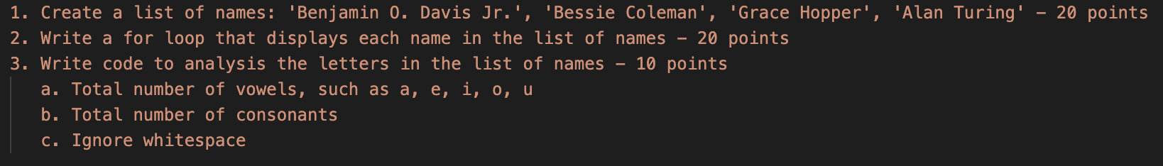 Solved 1. Create a list of names: 'Benjamin 0. Davis Jr.', | Chegg.com